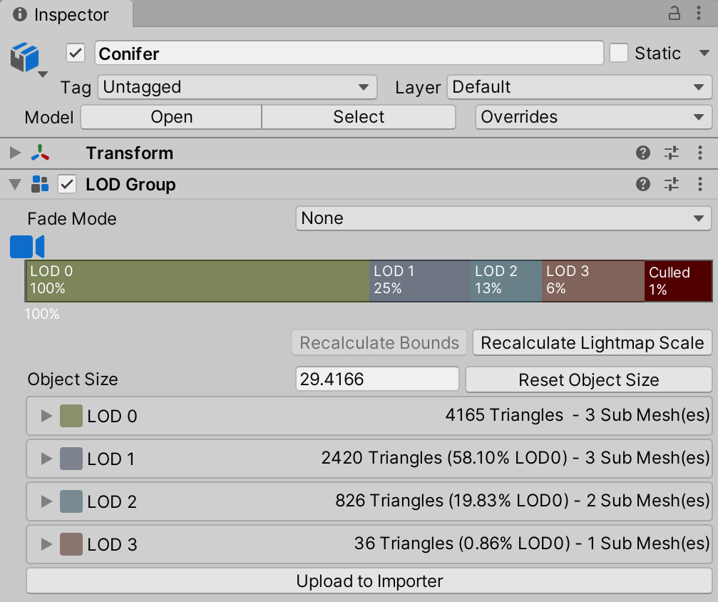 LOD Group components are supported for both trees and detail objects. Unity's default renderer ...
