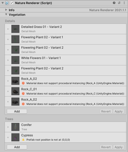 The list of vegetation that is registerd on the terrain